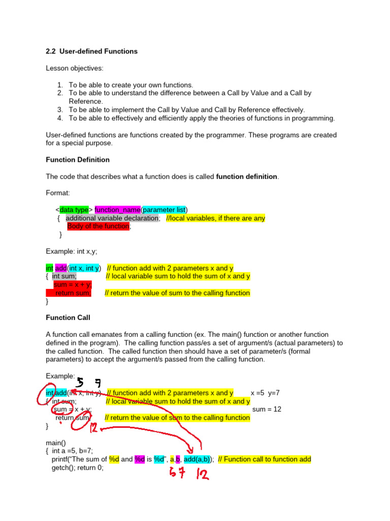 C2 Lesson 2 User Defined Functions Pdf Parameter Computer Programming Computer Engineering