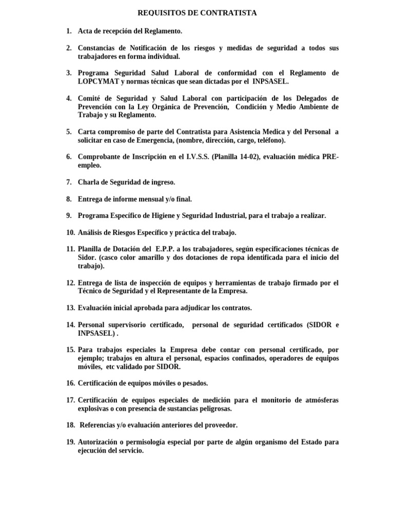 REQUISITOS PARA CONTRATISTAS | PDF