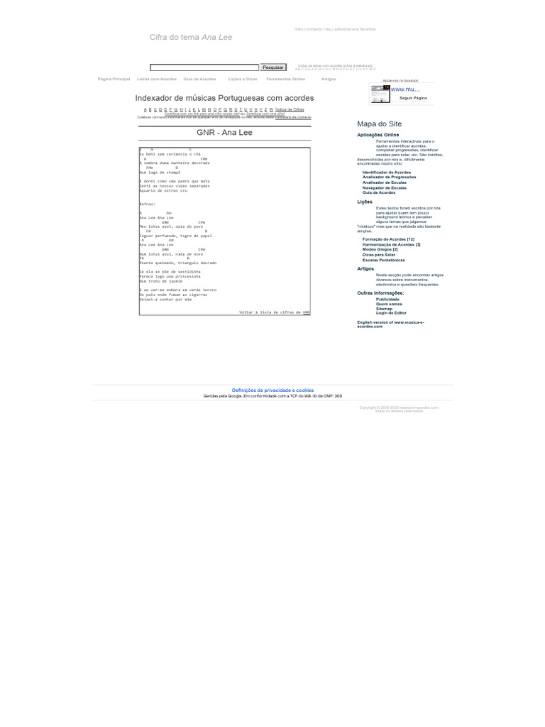 Indice de Letras Com Acordes. Cifra de Ana Lee (GNR) | PDF