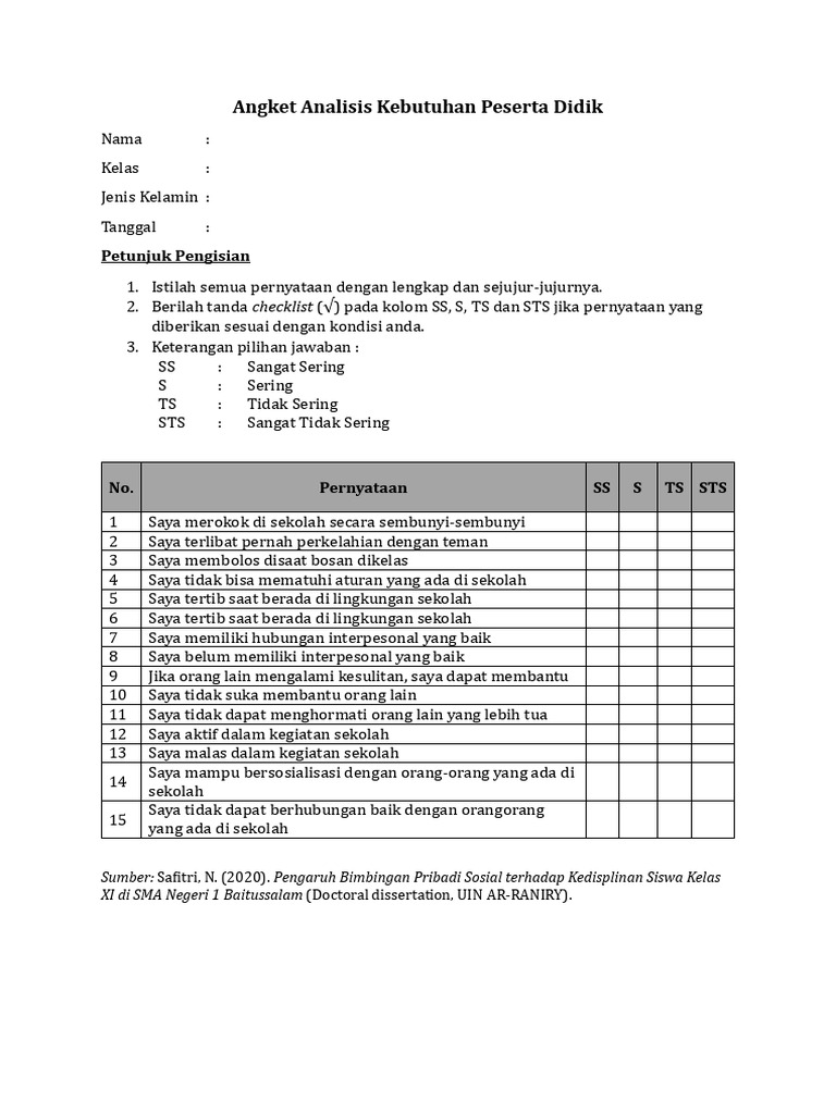 Angket Analisis Kebutuhan Peserta Didik (Salma) | PDF