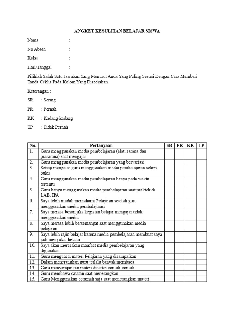 Angket Kesulitan Belajar Siswa | PDF