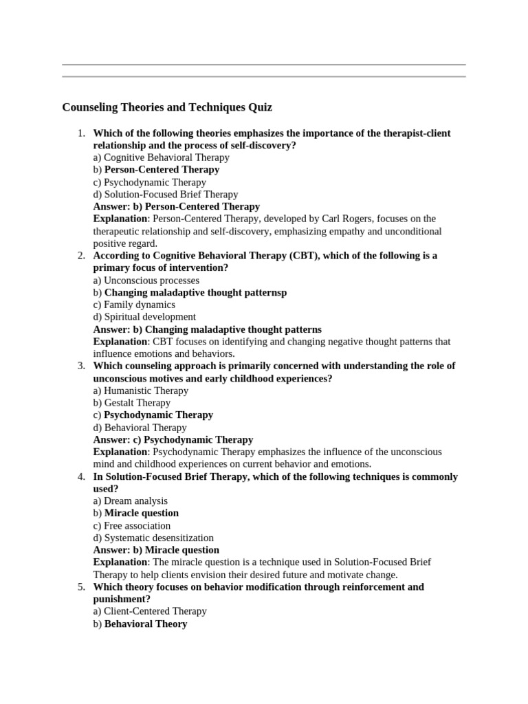 Counseling Theories Quiz Overview | PDF | Psychotherapy | Cognitive ...