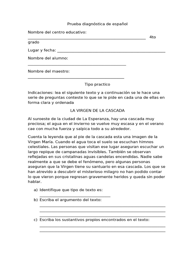 Prueba Diagnóstica de Español | PDF