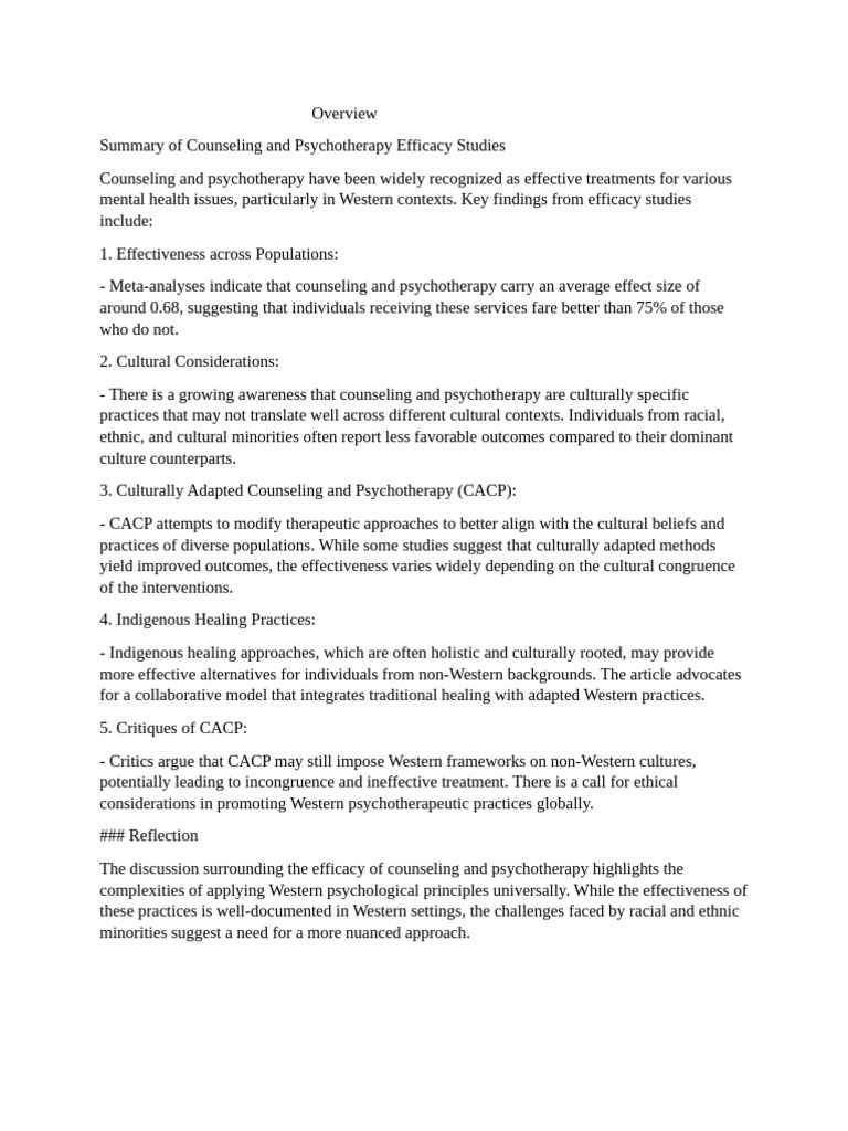 Summary of Counseling and Psychotherapy Efficacy Studies | PDF ...