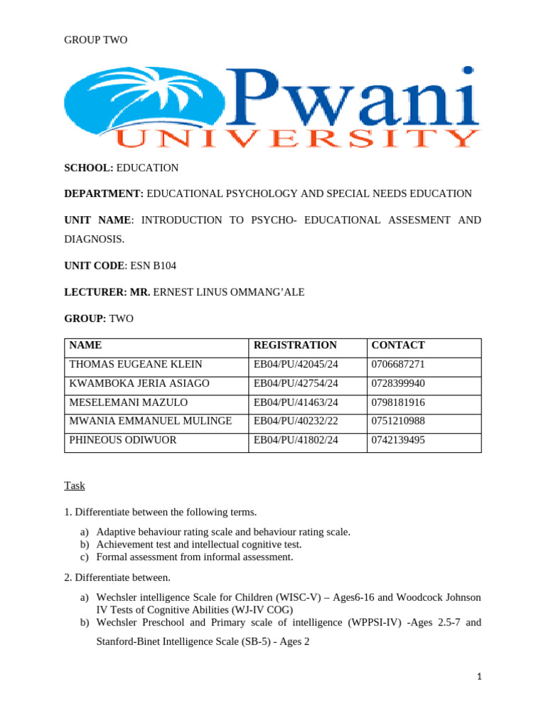 Group Two Assignment - Introduction To Psycho-Educational Assesment and ...