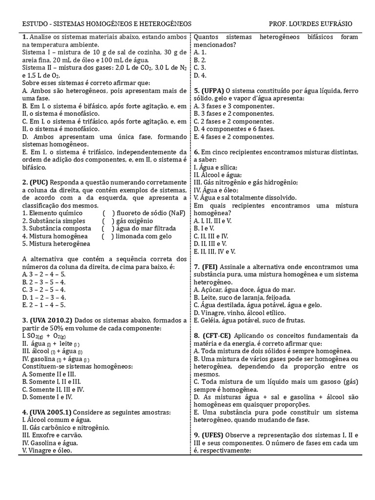 ATIVIDADE - SISTEMAS HOMOG-NEOS E HETEROG-NEOS | PDF | Mistura | Substancias químicas