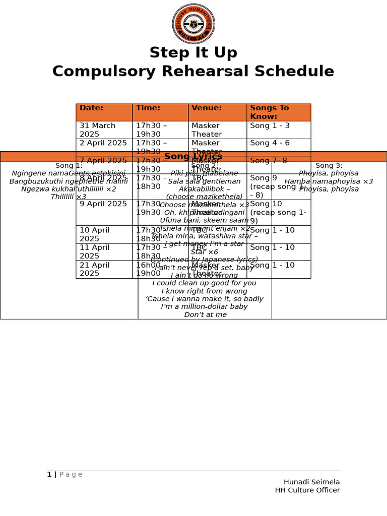 Step It Up Rehearsal Schedule | PDF