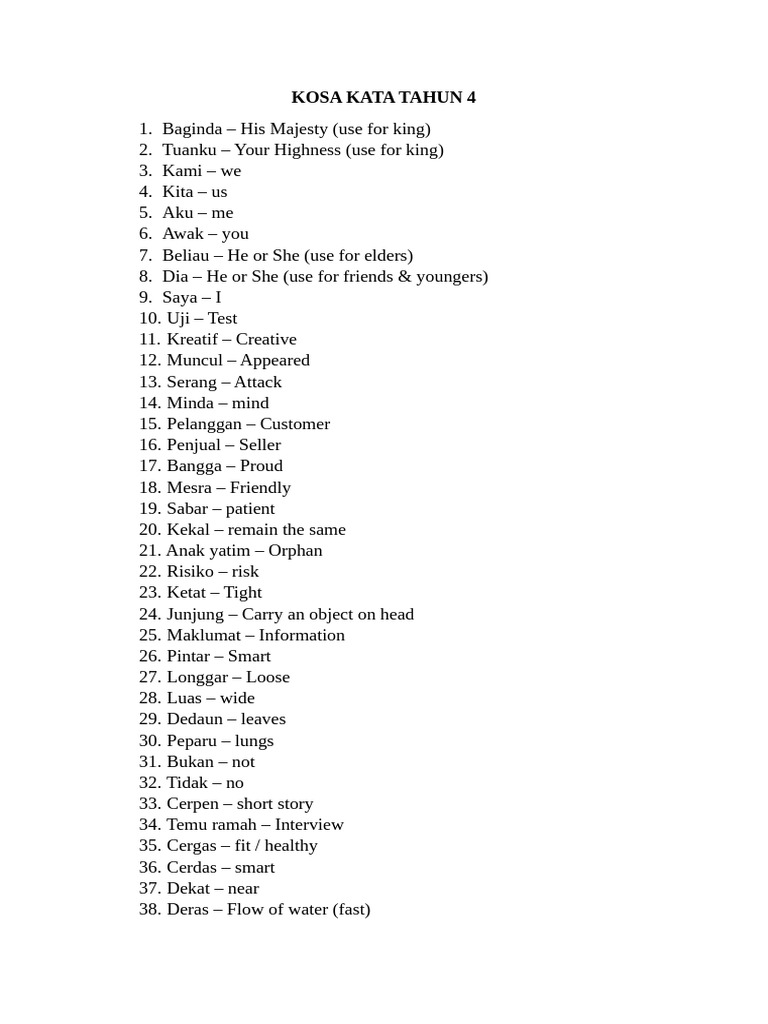 Kosa Kata Tahun 4 | PDF