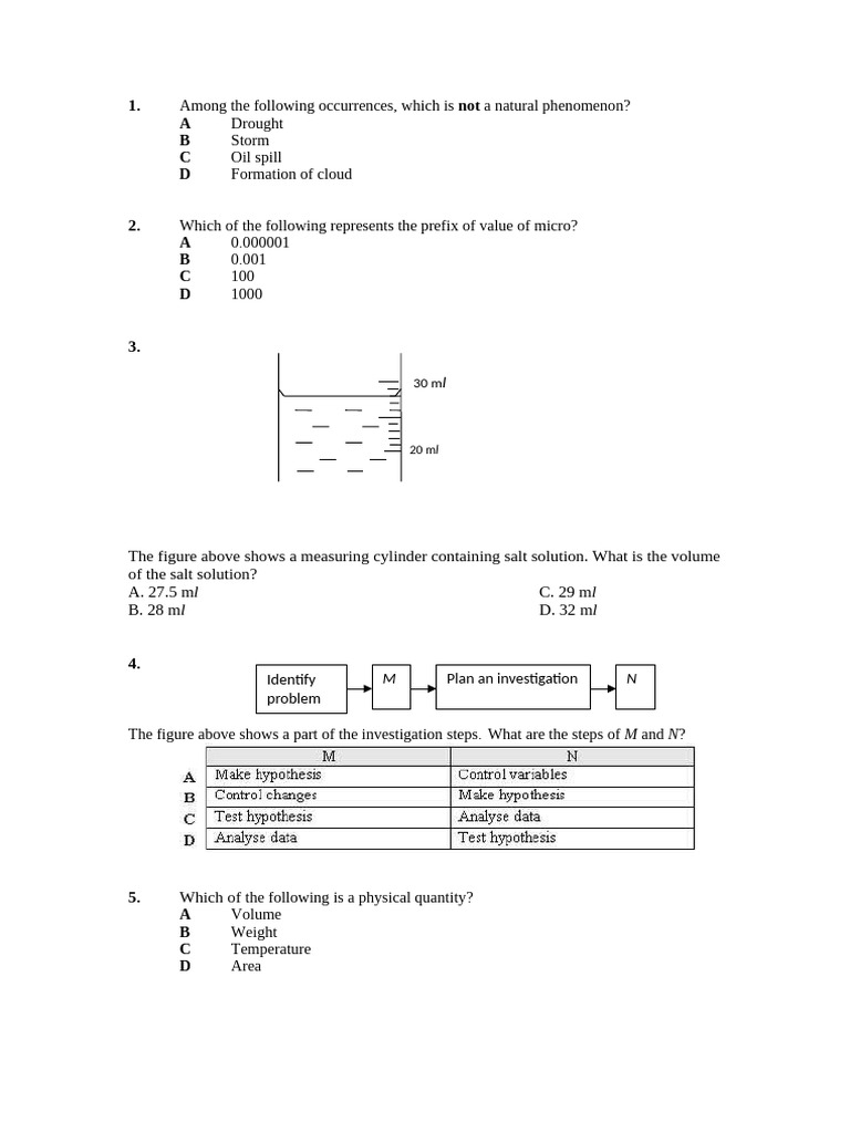 Science CHP 1 Form 1 Test | PDF | Volume | Kilogram