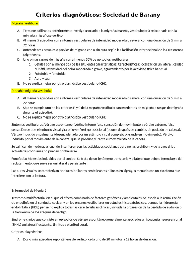 Criterios Diagnósticos Sociedad Barany | PDF | Migraña | Vértigo
