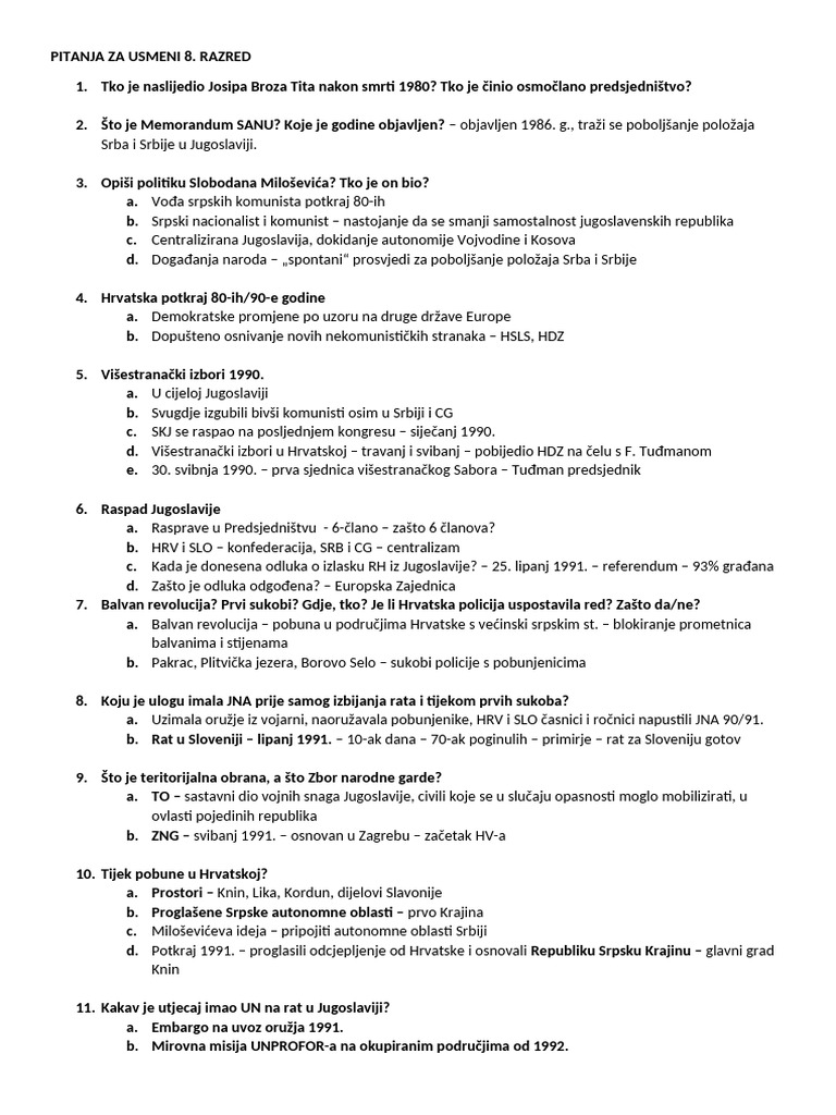 Pitanja Za Usmeni 8. Razred | PDF
