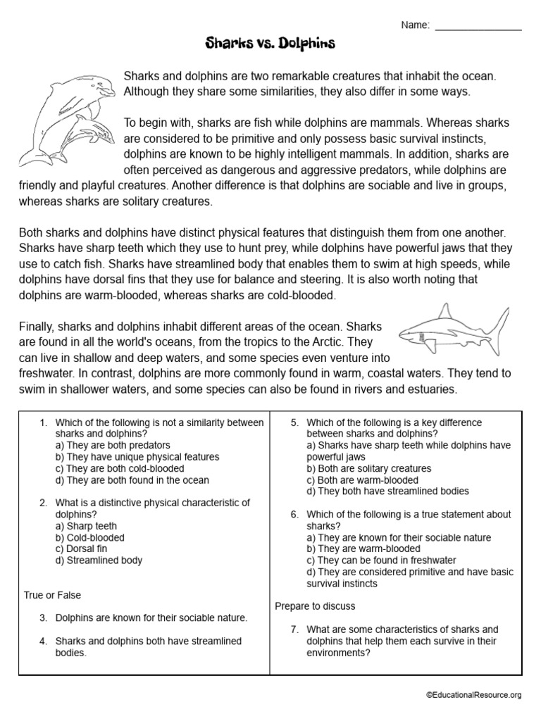 Compare and Contrast Sharks and DolphinS READING | PDF | Sharks | Dolphin