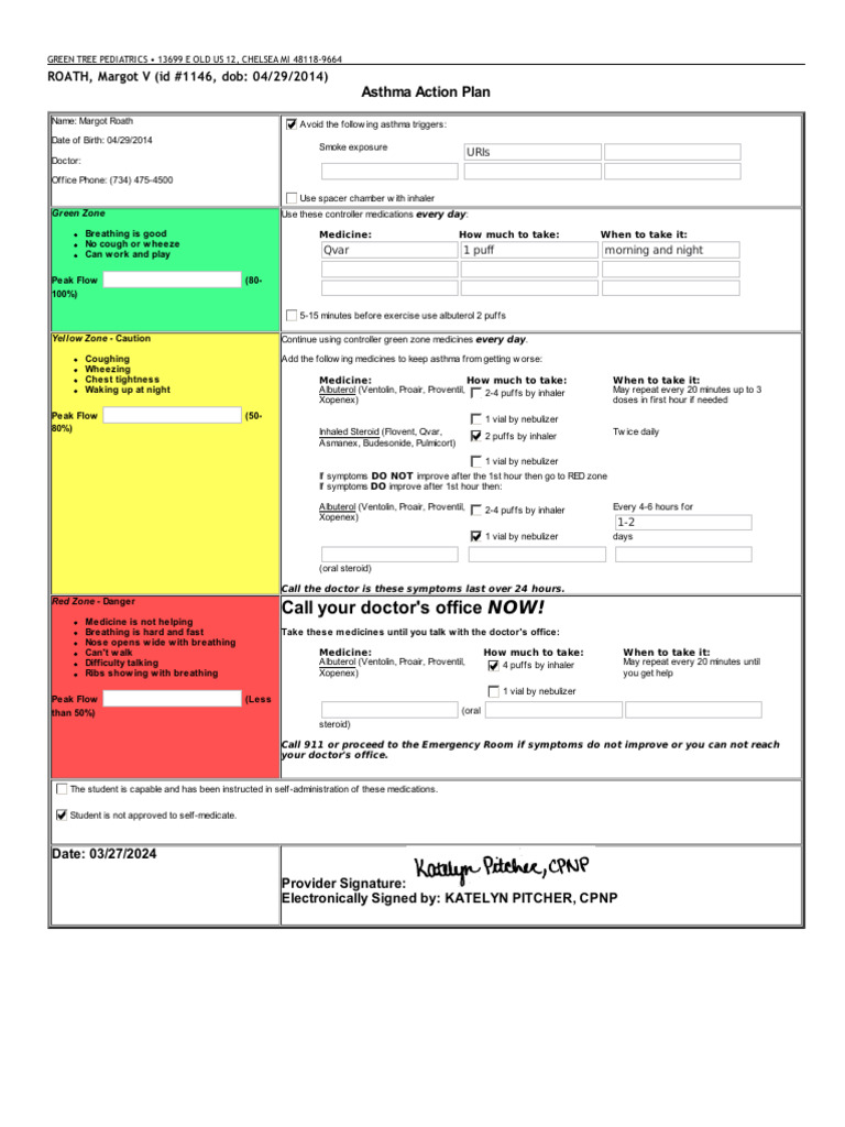 Asthma Action Plan (Fillable) | PDF | Asthma | Cough