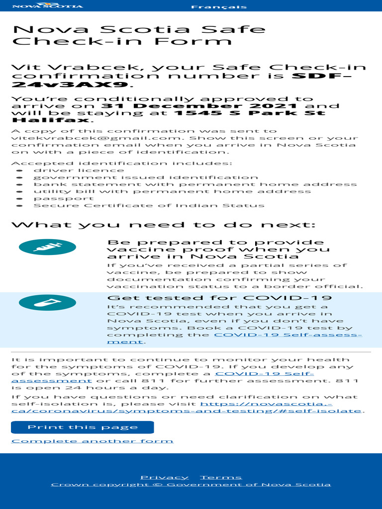 Your request to enter Nova Scotia is under review. - Nova Scotia Safe Check-in Form - Government ...