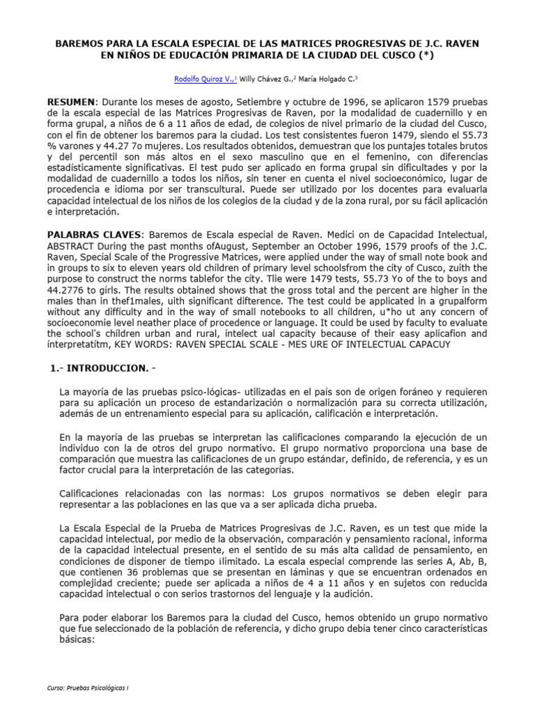 Baremos de Matrices Progresivas Raven en Cusco | PDF | Inteligencia ...