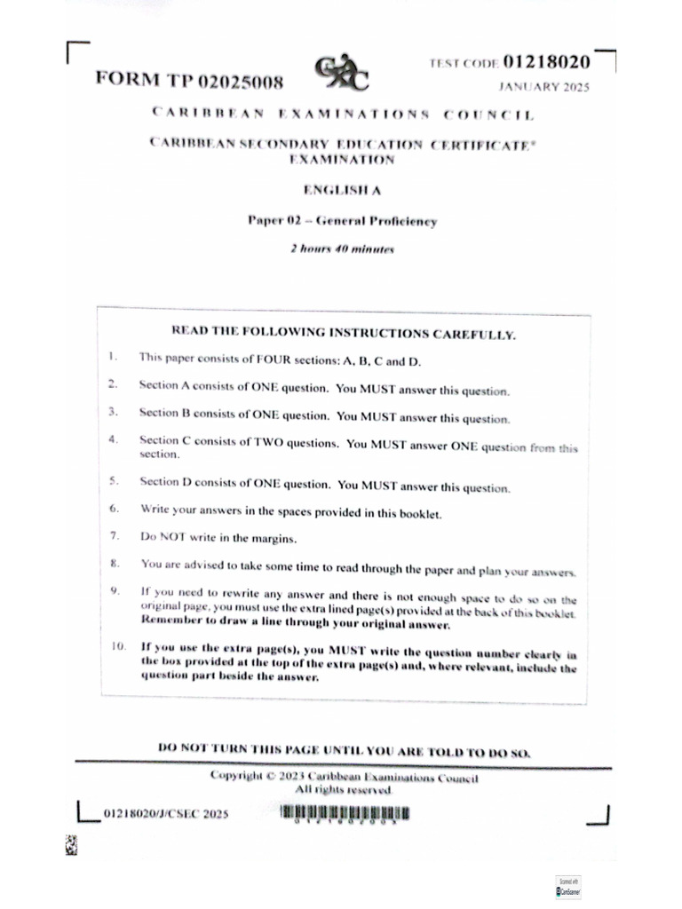 2025 Csec January English A Paper 2 | PDF