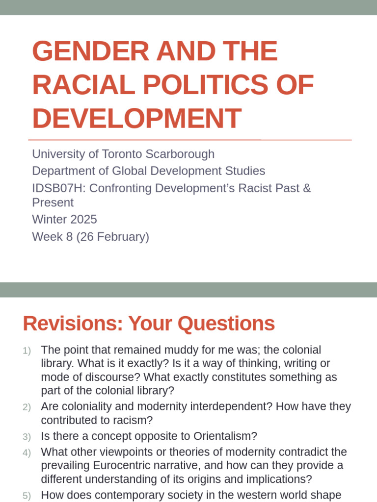 Notes, Week 8 - Gender and The Racial Politics of Development | PDF ...