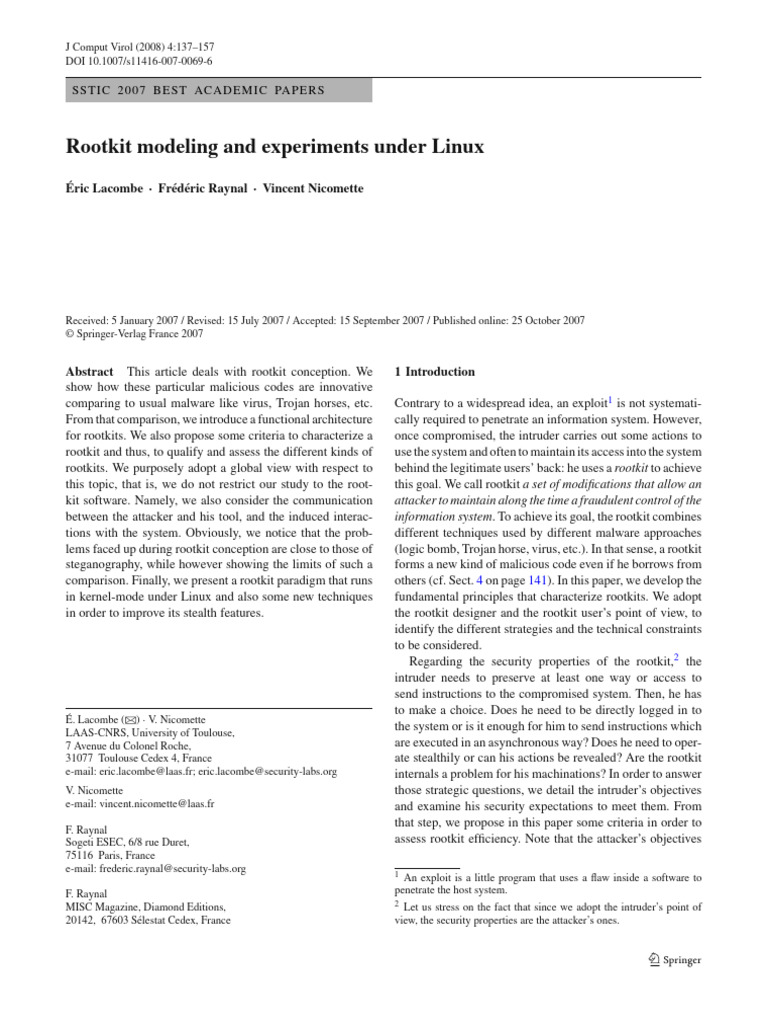 Rootkit modeling and experiments under Linux | PDF | Kernel (Operating System) | Malware