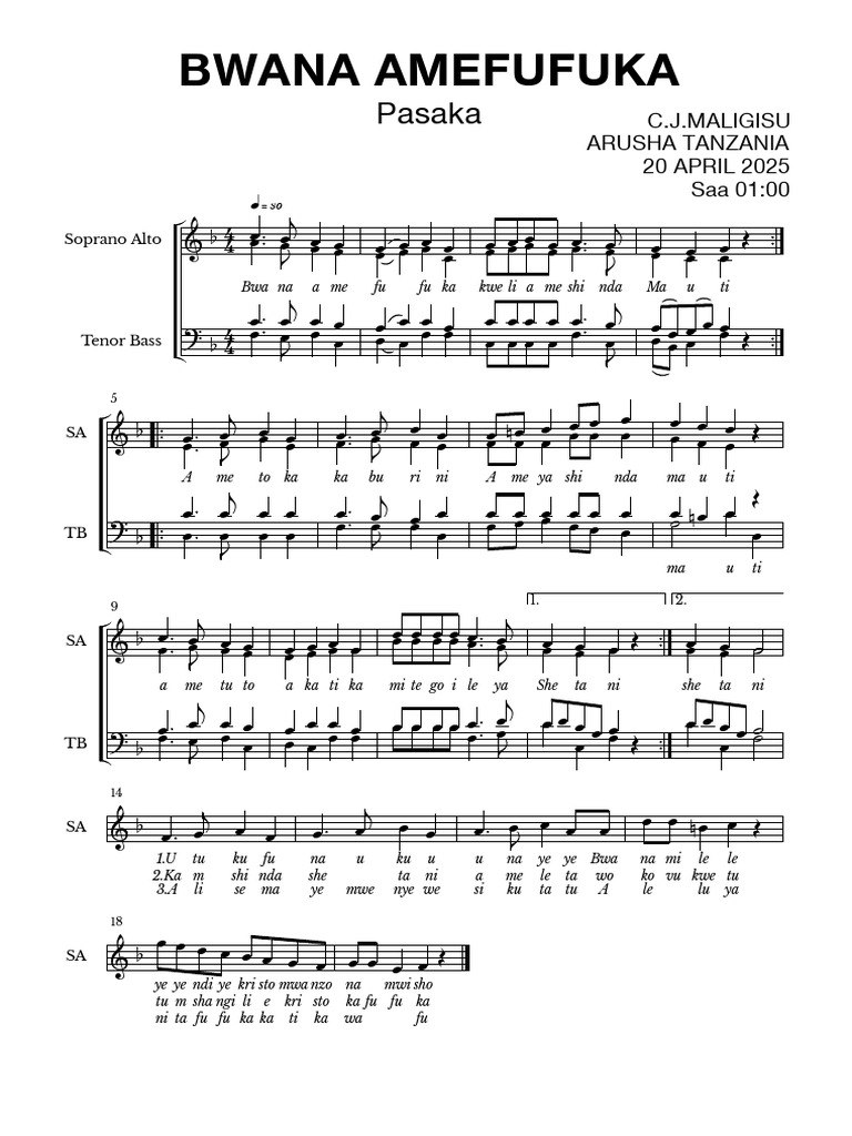 Bwana Amefufuka | PDF