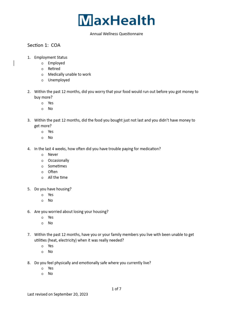 Annual Wellness Questionnaire 20230921 (1) | PDF | Chronic Obstructive ...