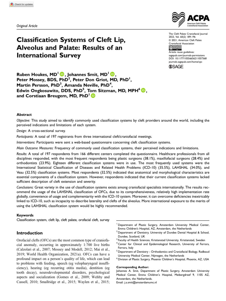 Houkes Et Al 2021 Classification Systems of Cleft Lip Alveolus and ...