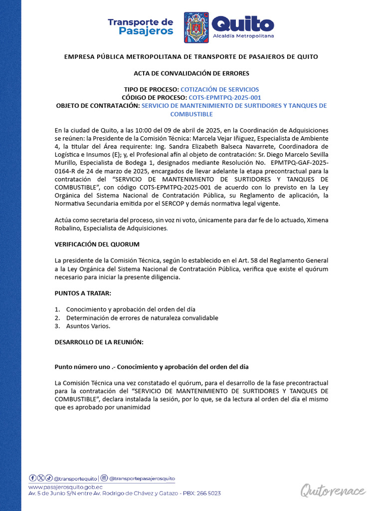 Acta de Convalidación de Errores Tipo de Proceso: Código de Proceso: Objeto de Contratación | PDF