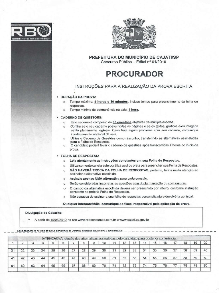 PROVA PGM CAJATI RBO 2019 | PDF