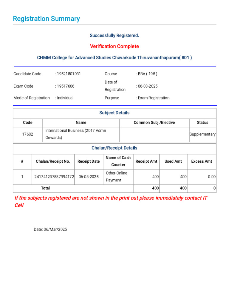 BBA Exam Registration Confirmation | PDF