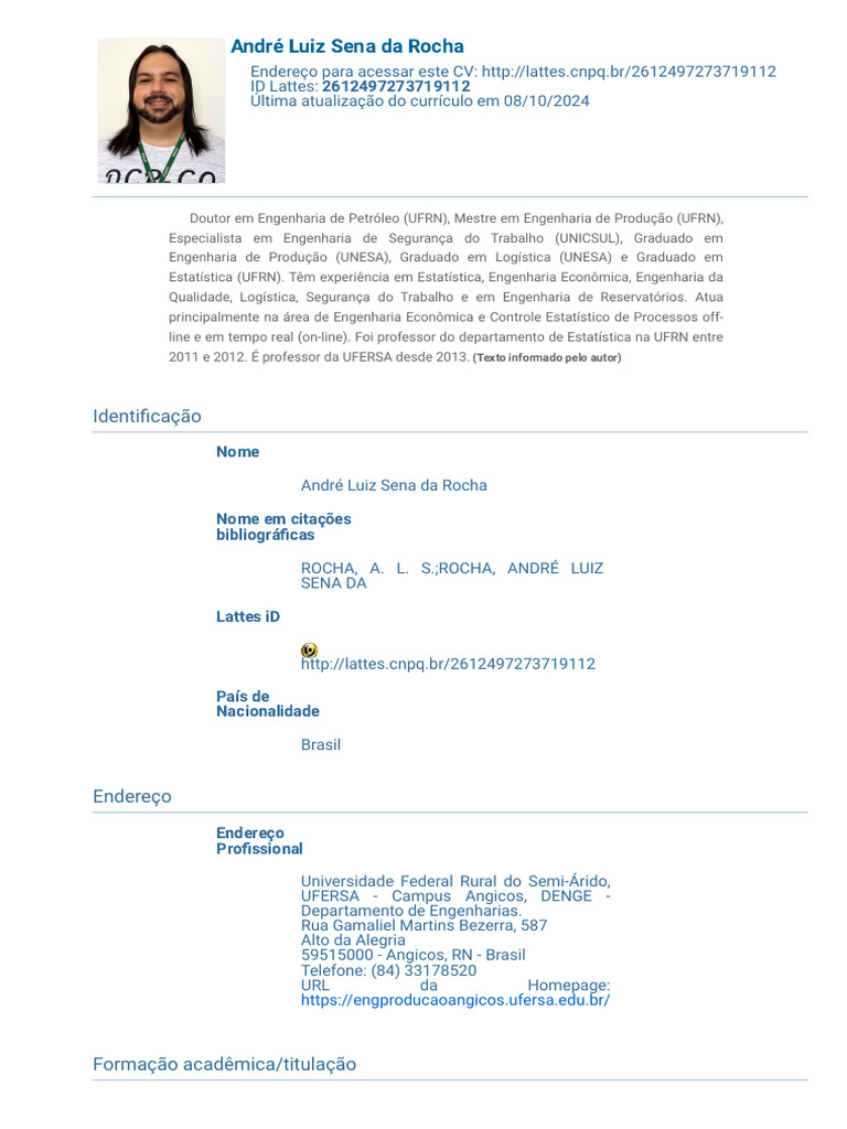 Currículo de André Luiz Sena da Rocha | PDF | Matemática aplicada | Economia
