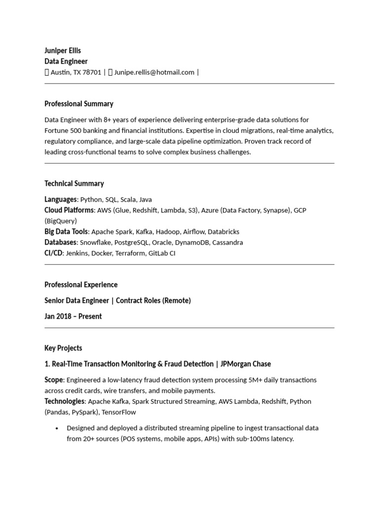 Juniper Ellis Data Engineer | PDF | Apache Spark | Information Technology Management