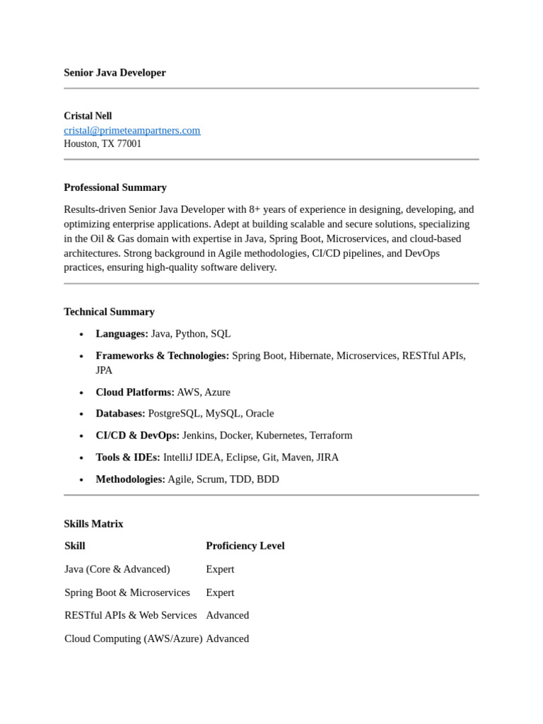 Cristal_Senior Java Developer Resume | PDF | Java (Programming Language) | Amazon Web Services