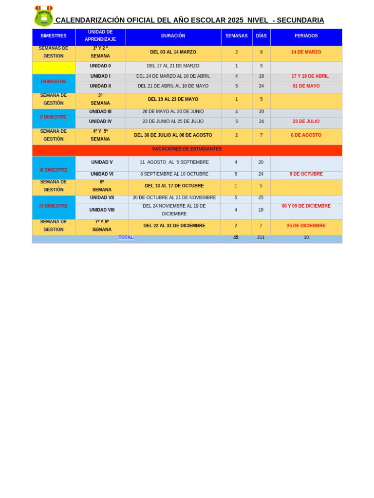 Calendarización Oficial Del Año Escolar 2025 Nivel Secundaria | PDF