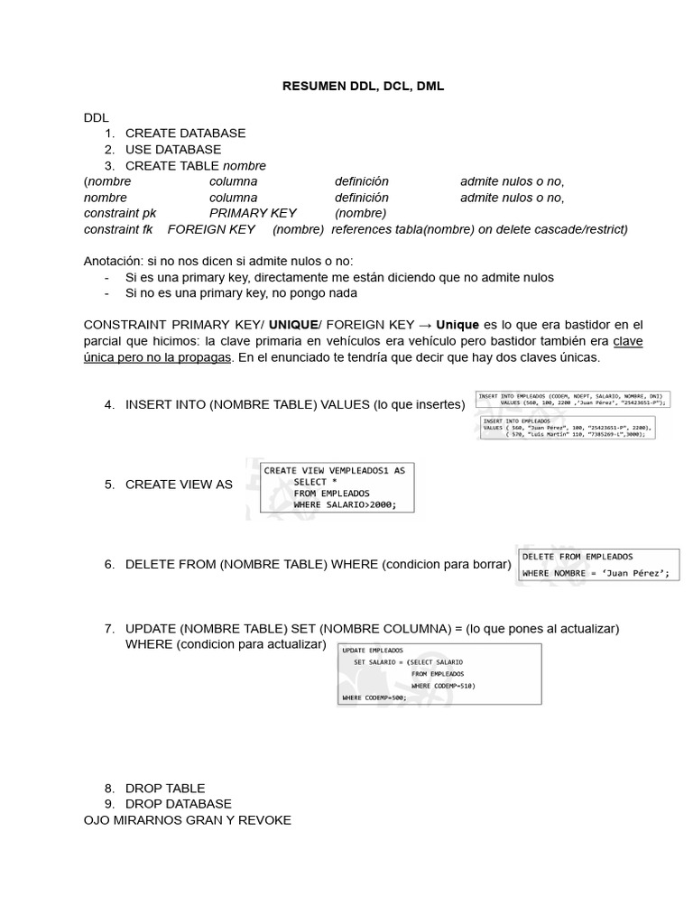 Resumen Final DDL, DCL, DML | PDF | Recuperación de información | Gestión de tecnología de la ...