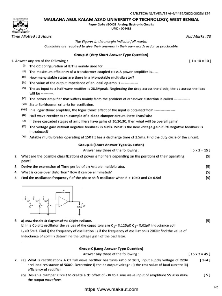 Btech Ec 4 Sem Analog Electronics Circuits Ec402 2023 | PDF