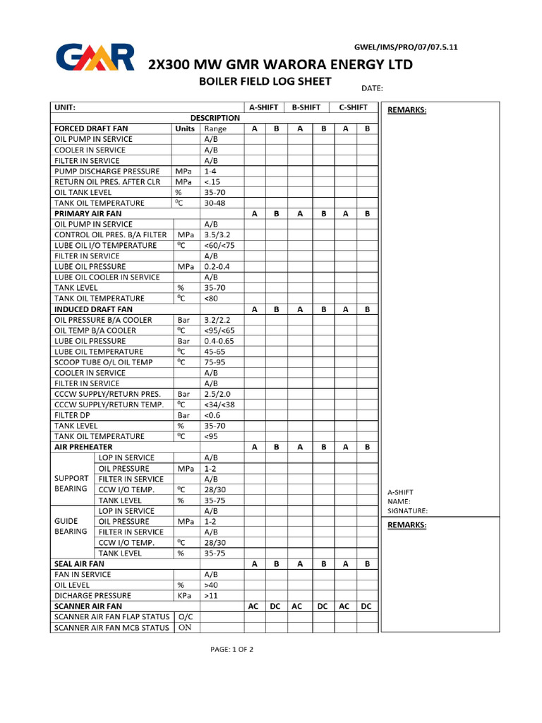 Boiler Local Log Sheet | PDF