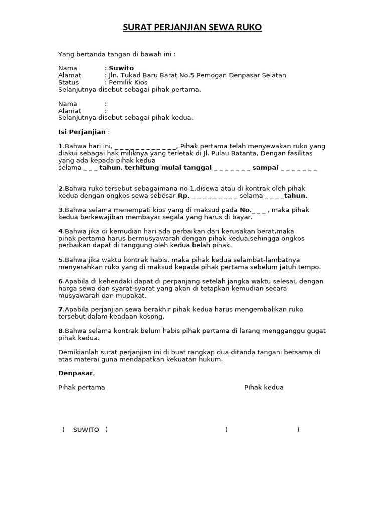 Surat Perjanjian Sewa Ruko (Blank) | PDF