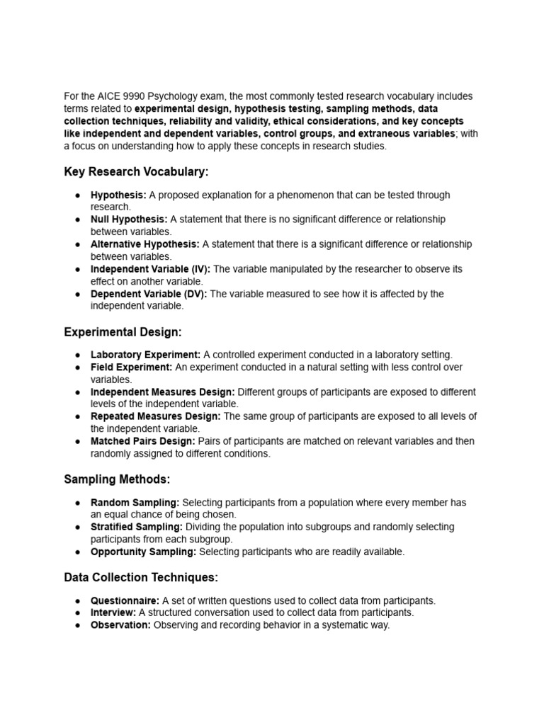 AICE Psychology Research Vocabulary Guide | PDF | Experiment | Sampling ...