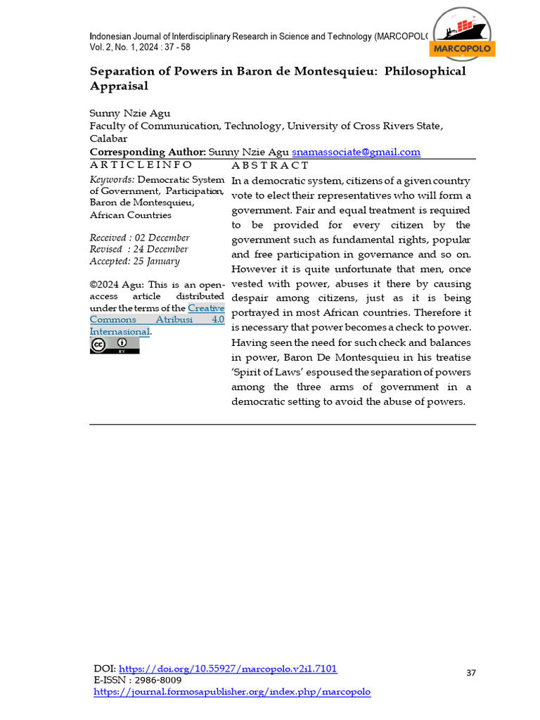 Separation of Powers in Baron de Montesquieu Philo | PDF | Separation ...