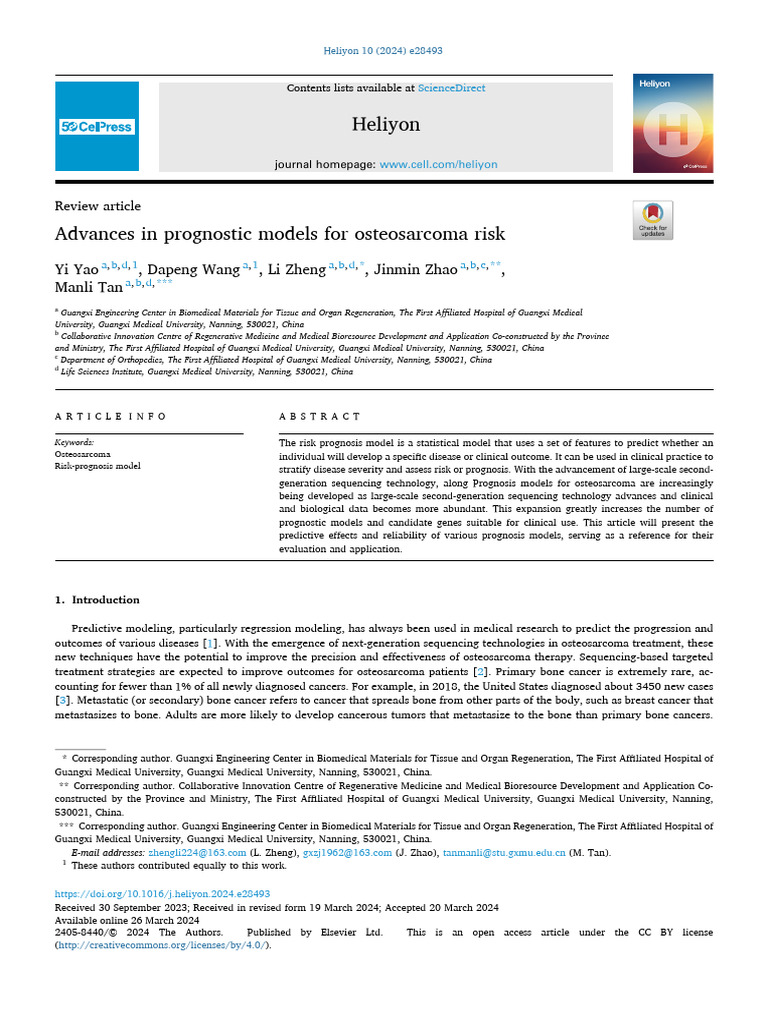 Advances in Prognostic Models for Osteosarcoma Risk 2024 Heliyon | PDF | Cancer | Metastasis