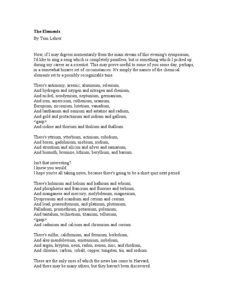 Tom Lehrer's Elements Song Lyrics | PDF