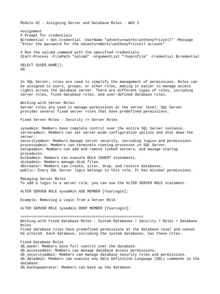 Assigning Server and Database Roles | PDF | Databases | Software Engineering