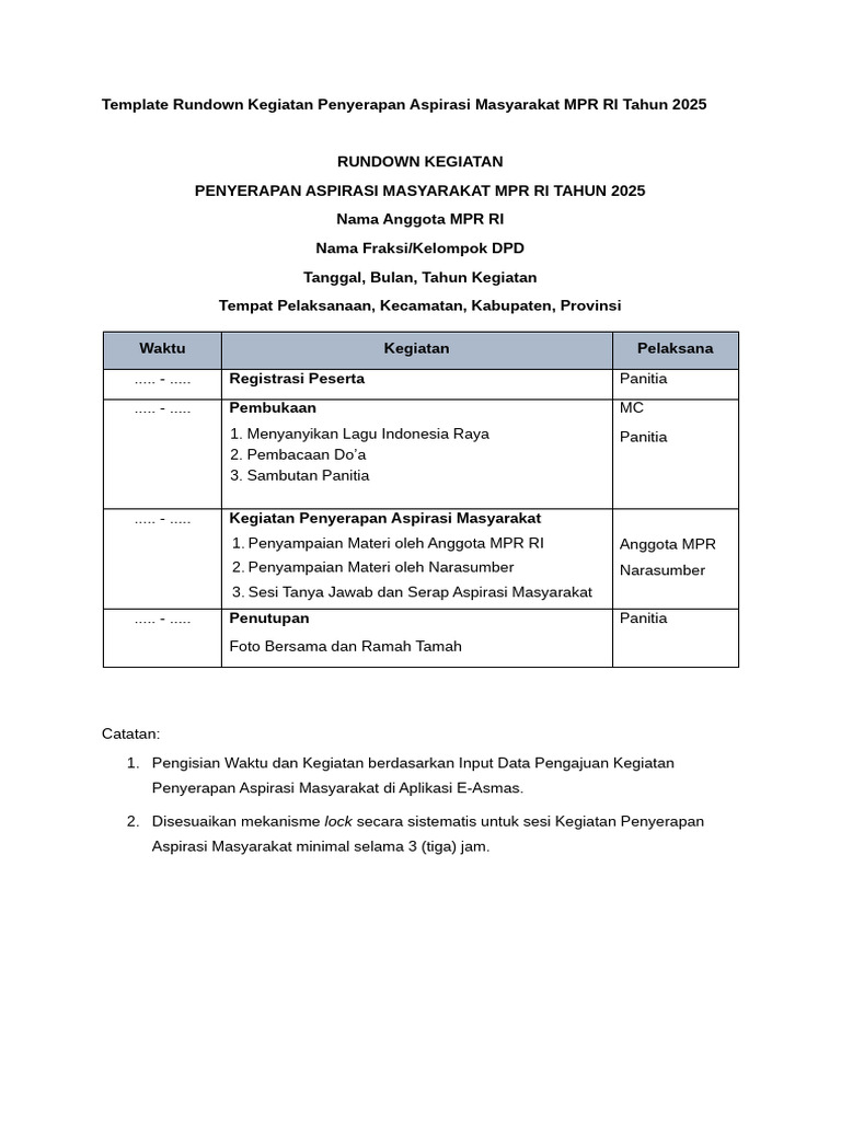 Template Rundown Kegiatan Penyerapan Aspirasi Masyarakat MPR RI | PDF