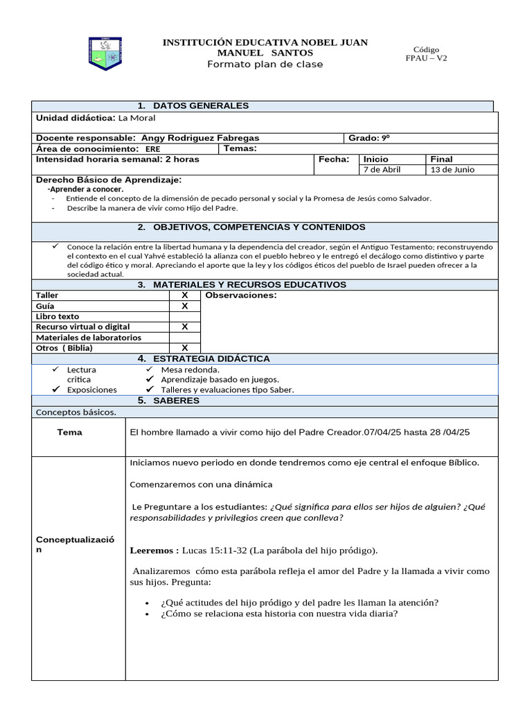 Plan de clase Religion 9° JMS 2025-I Periodo. | PDF | Moralidad