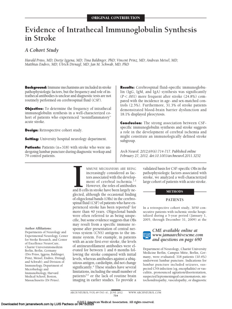 Evidence of Intrathecal Immunoglobulin Synthesis in Stroke | PDF | Cerebrospinal Fluid | Stroke