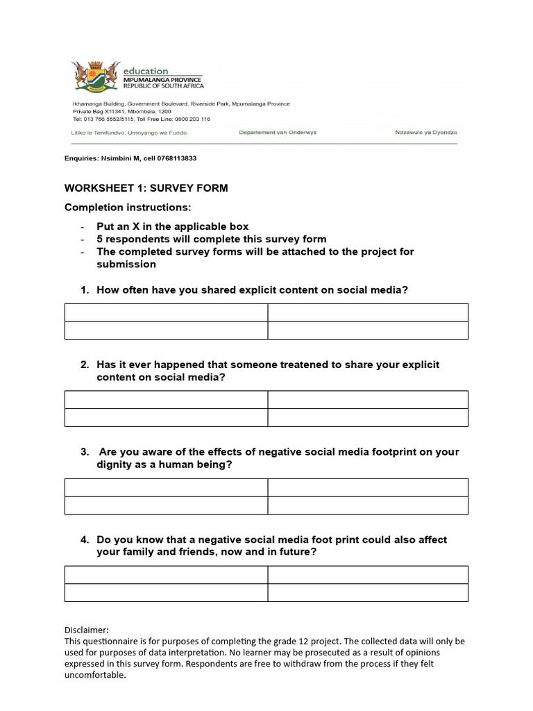 2025 - Worksheet For The Grade 12 Project - PR | PDF