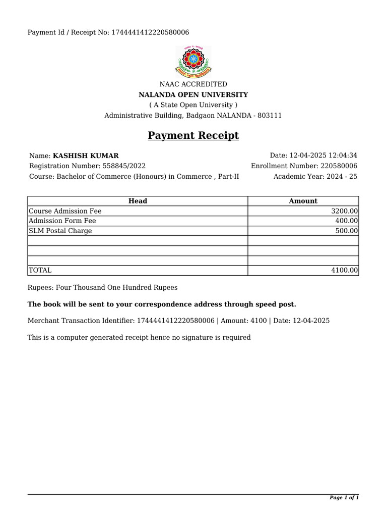 Nalanda Open University Payment Receipt | PDF