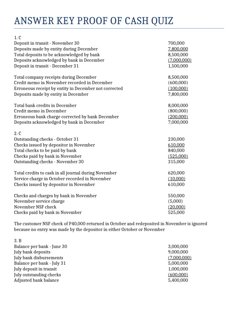 Proof of Cash Quiz Answer Key | PDF | Banks | Deposit Account