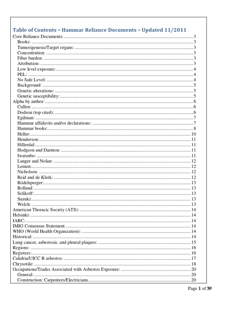 1 Hammar Reliance Document List Updated 11-2011 | PDF | Asbestos | Cancer