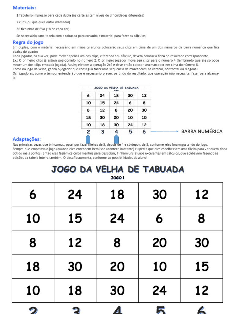 Jogo Da Velha de Tabuada | PDF