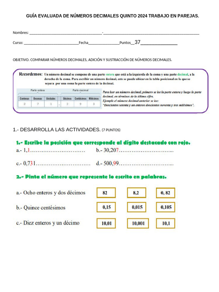Guía de Números Decimales 5to Grado | PDF